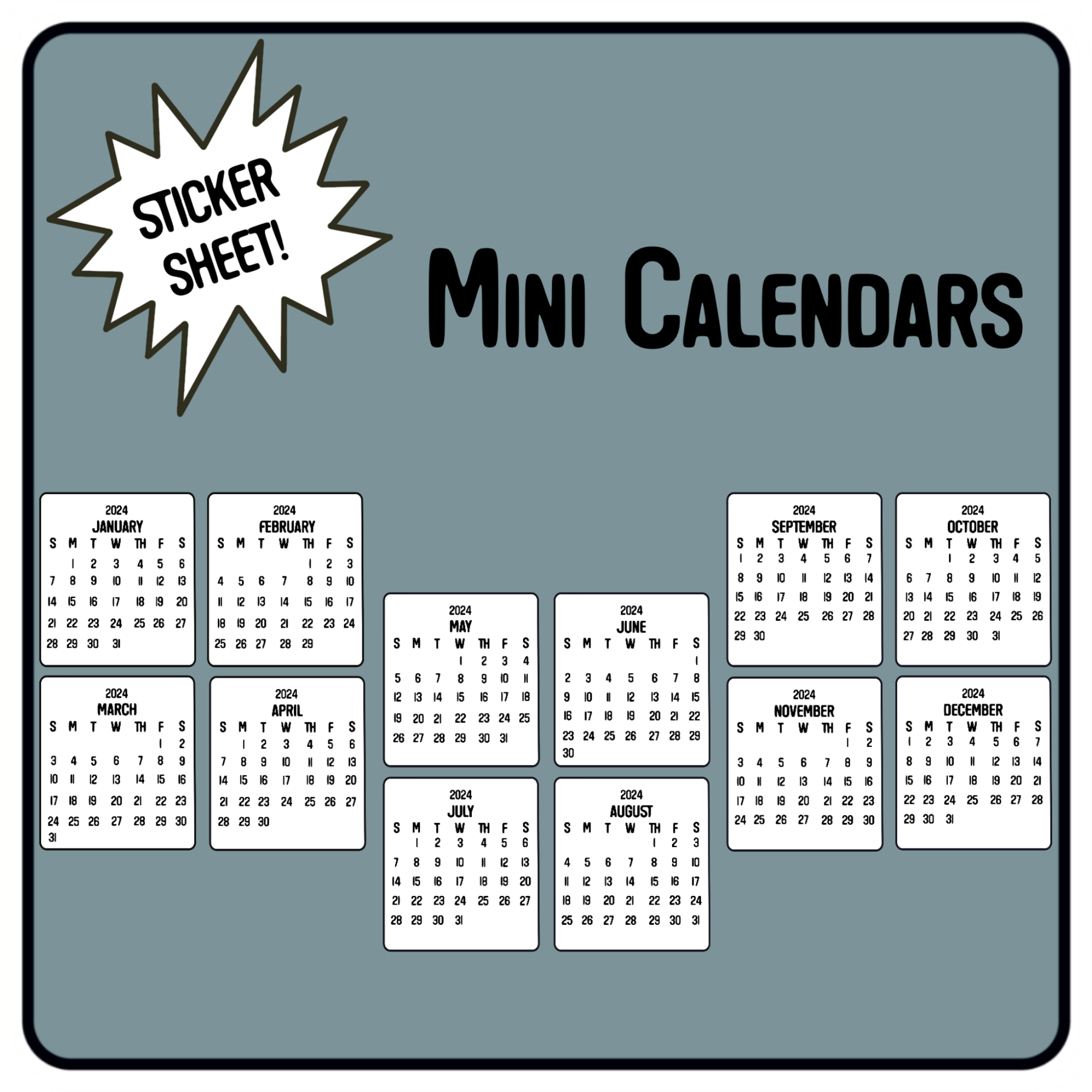 2024 Mini Calendar Sticker Sheet | Little Lantern Vinyls